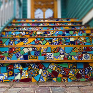 Custom installation rustic wood & mosaic front steps - Abodeacious